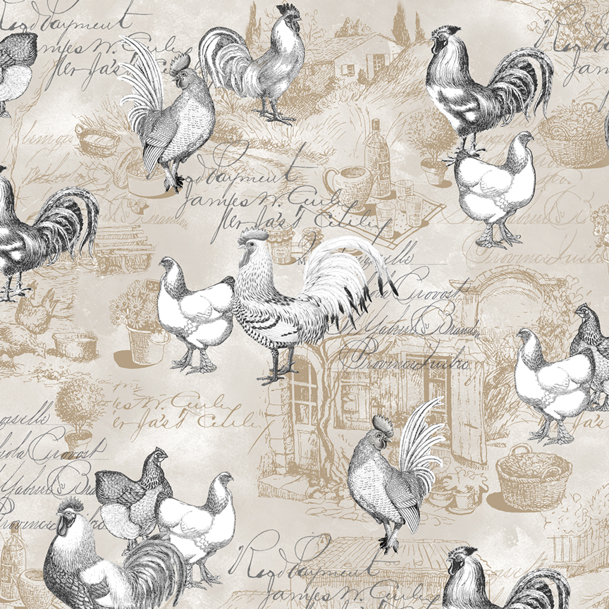 Timeless Treasures Farm Chickens on White Fabric - Blyth & Bonnie