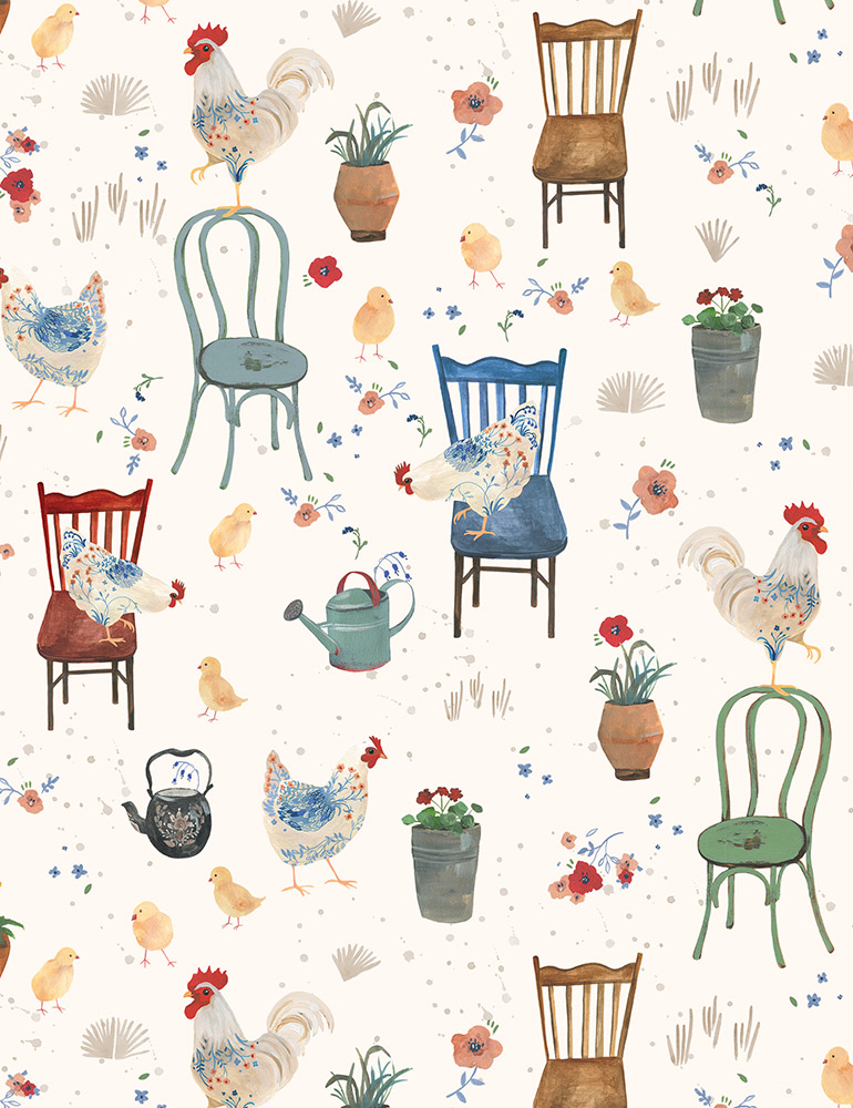 Hens, Chicks, Chairs and Flower Pots on Cream, "Country Cottage ...